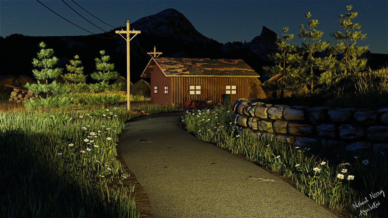 Cabin in the Wilderness in Night - CG Cookie